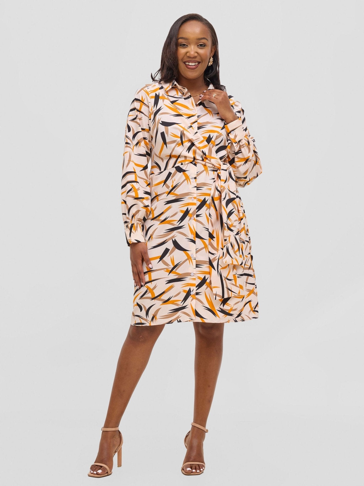 Vivo Arafa Long Sleeve Tie Dress - Taupe / Orange Rafa Print – Shopzetu