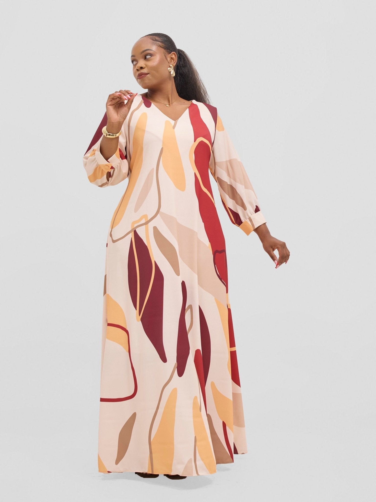 Vivo Hadiya Tie Maxi Dress - Burgundy / Yellow Shira Print – Shopzetu