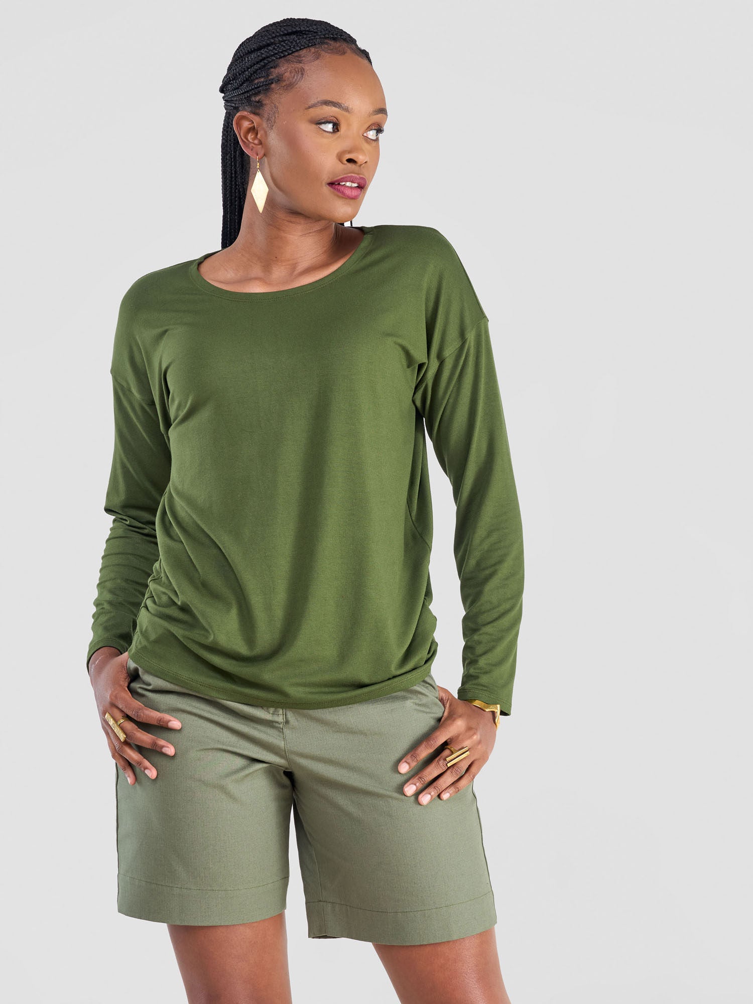 Safari Bush Drop Shoulder Long Sleeve Top - Hunters Green – Shopzetu