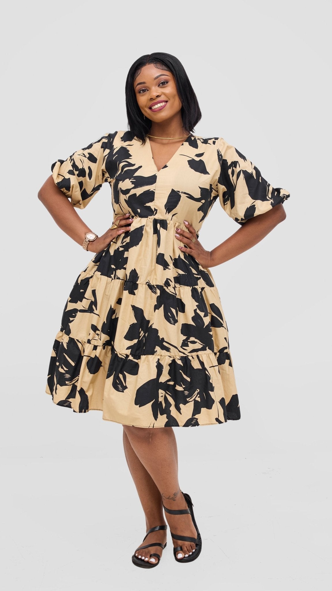 Safari Naledi Bishop Sleeve Tiered Dress - Beige / Black Wia Print ...