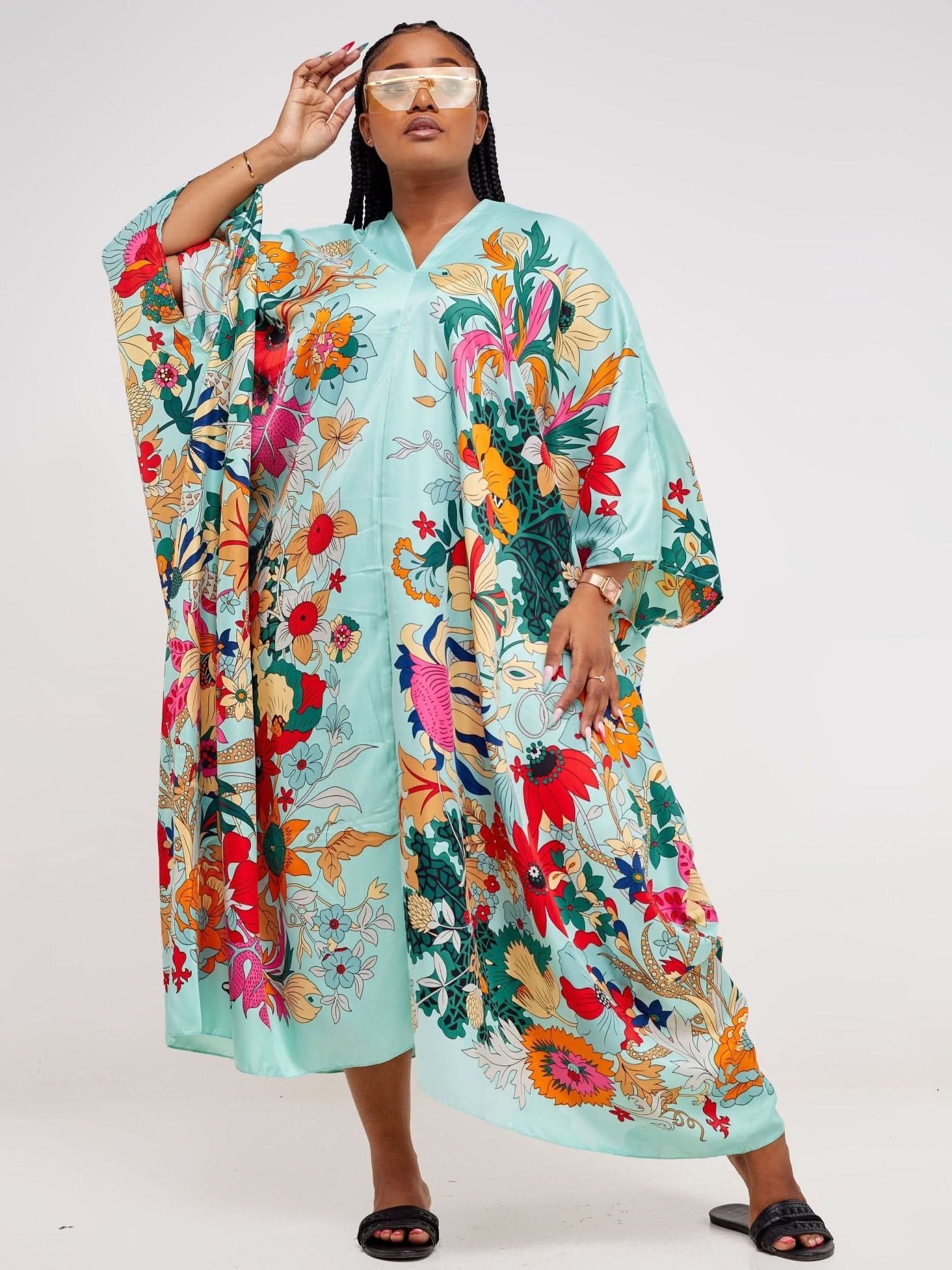 Sayuri V-Neck Animated Flower Print Kaftan - Mint – Shopzetu