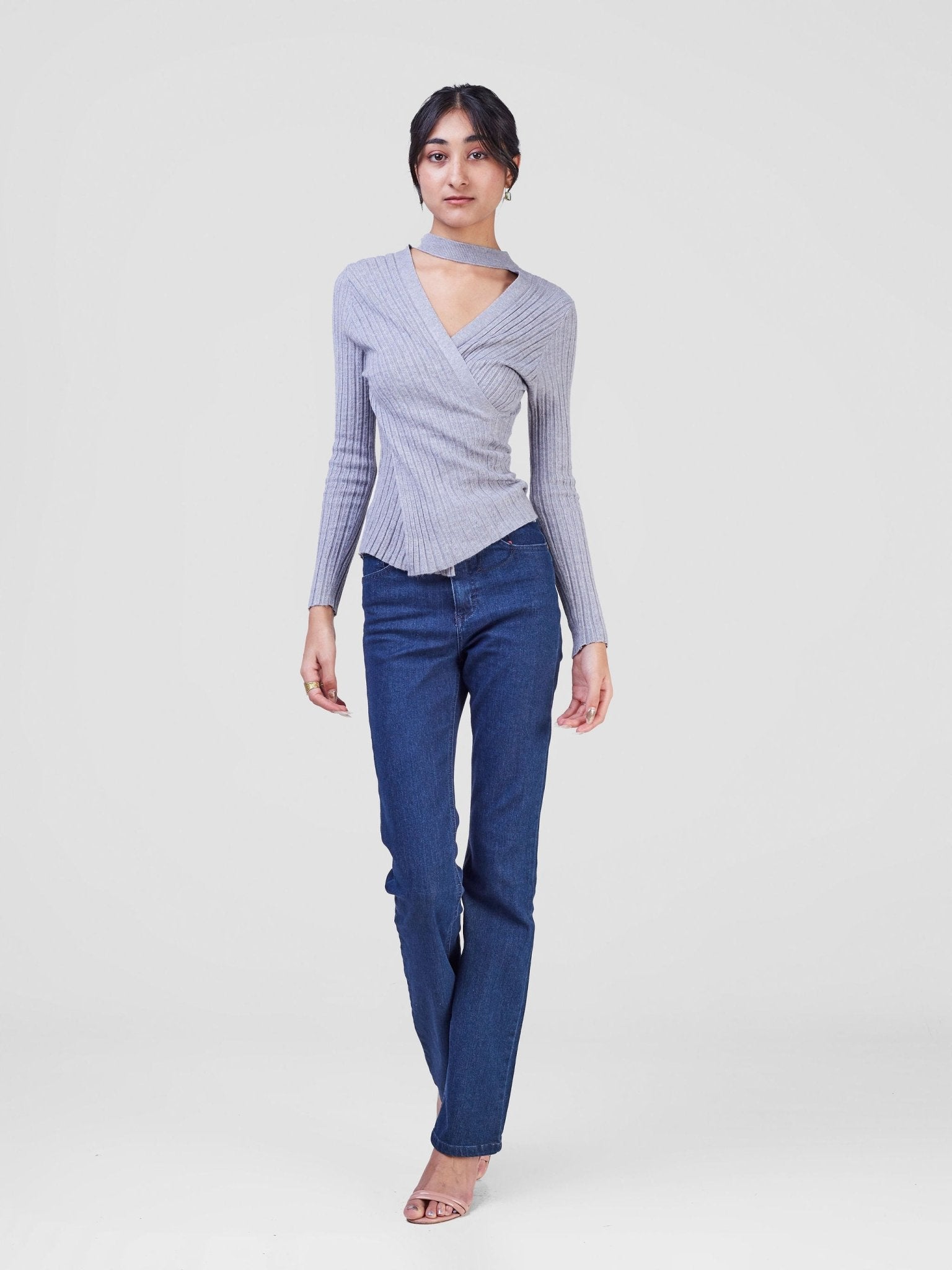 Knitted Sweater With Front Overlap and Neck Design - Grey – Shopzetu