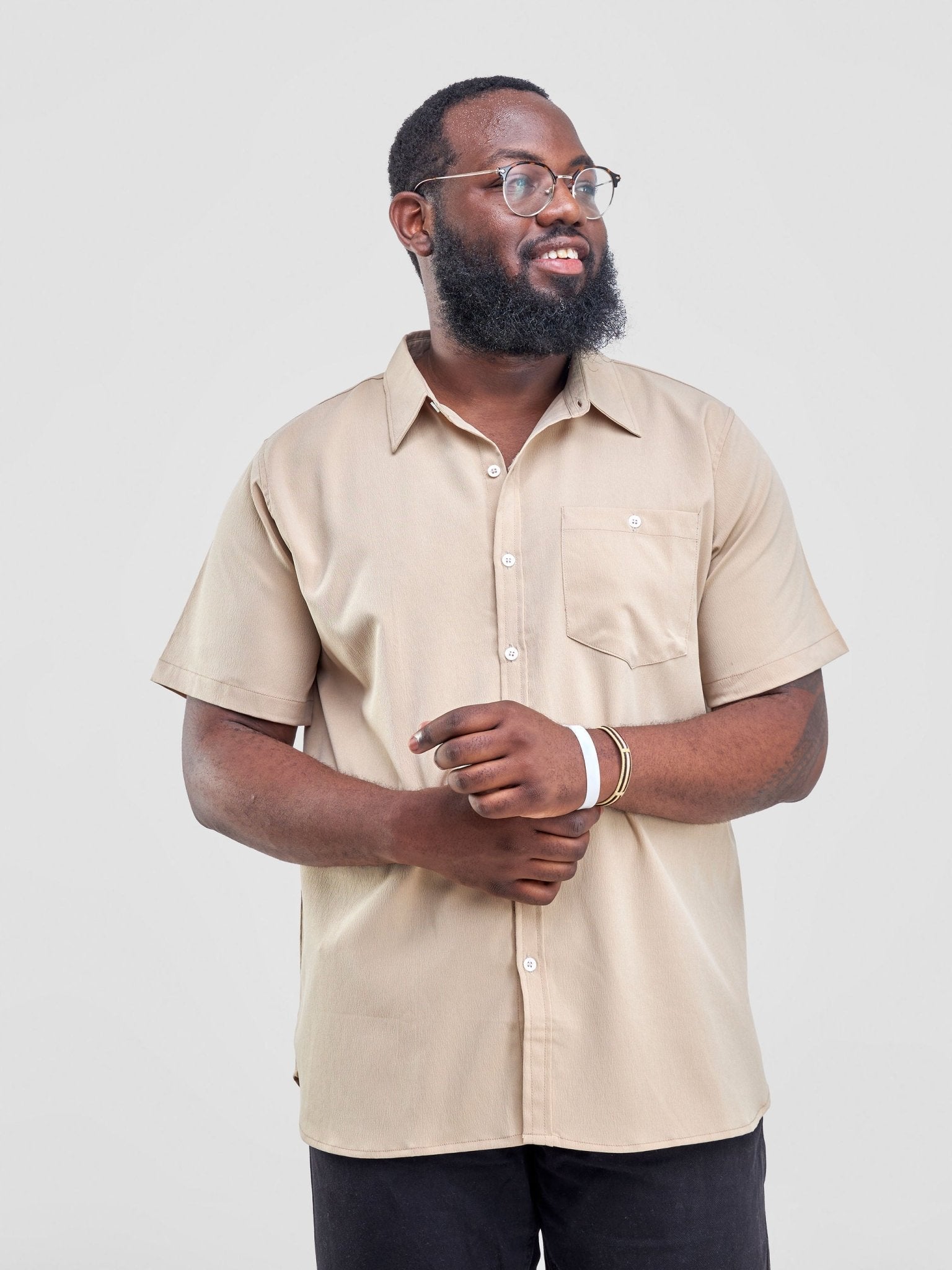 Zetu Men's Button Down Crepe Single Pocket Shirt - Beige – Shopzetu